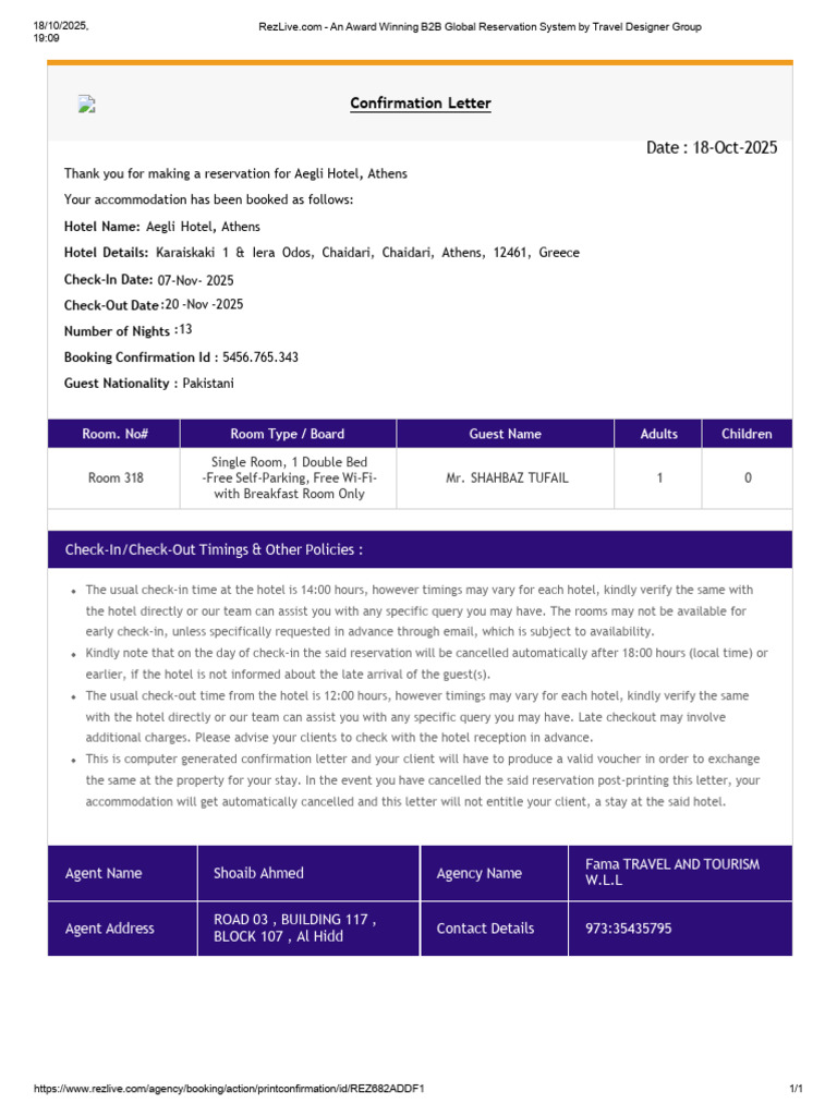 Aegli Hotel Booking Confirmation Letter | PDF | Hotel | Hospitality ...