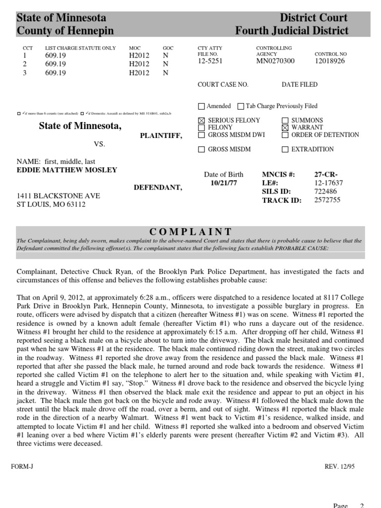 Brooklyn Park Triple Murder Complaint | PDF | Arrest | Bail