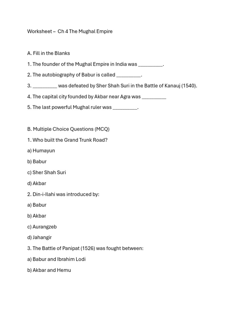 Worksheet CH 4 Mughal Empire With Map | PDF | Mughal Empire