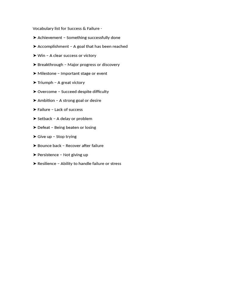 Vocabulary List For Success & Failure | PDF