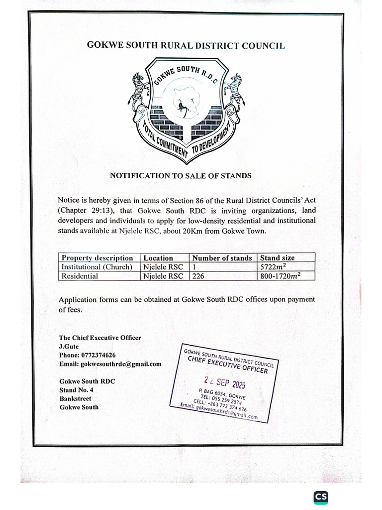 Gokwe South RDC Stands Advert | PDF