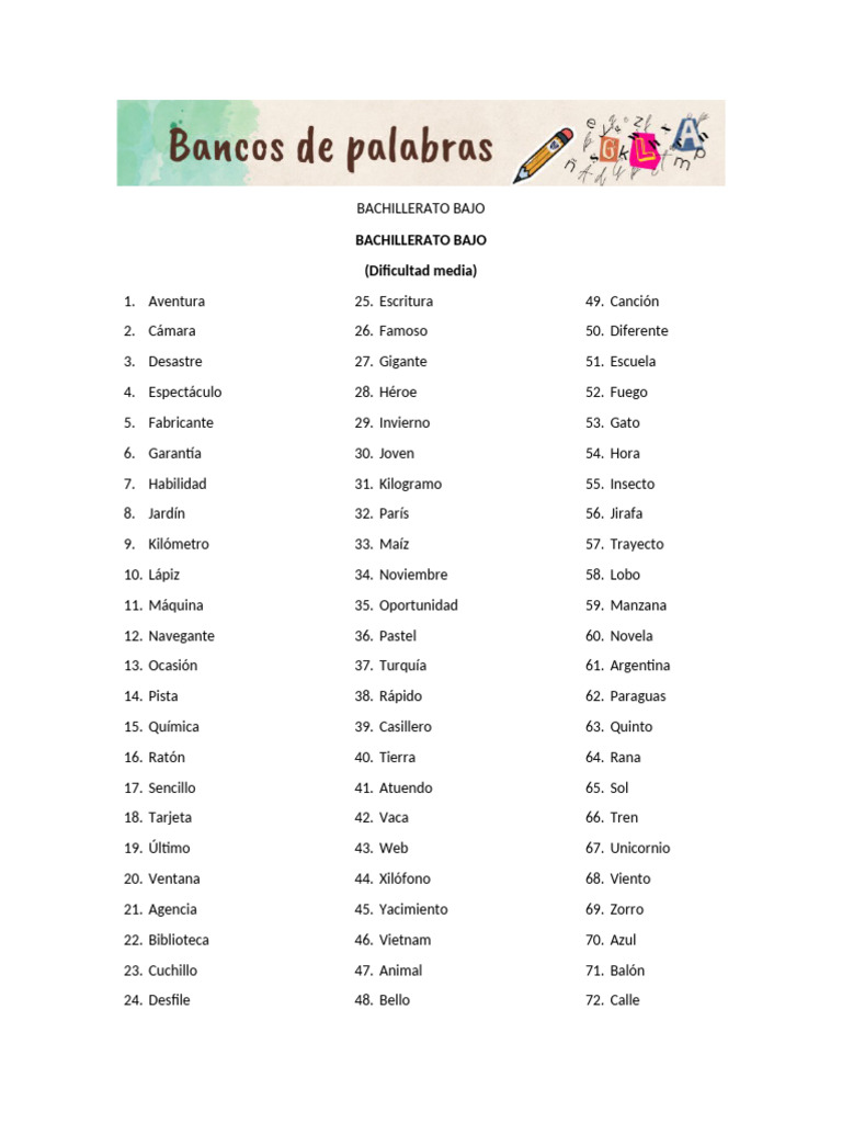 Banco de Palabras Bachillerato Bajo | PDF