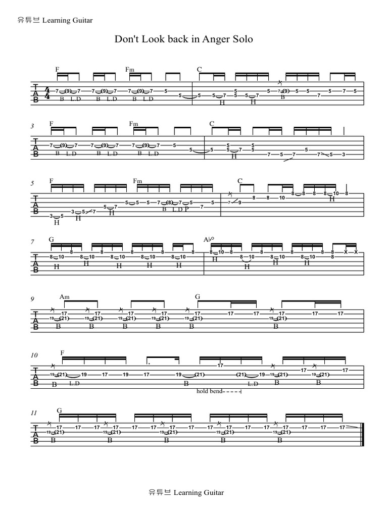 Don't Look Back in Anger Solo Tab | PDF