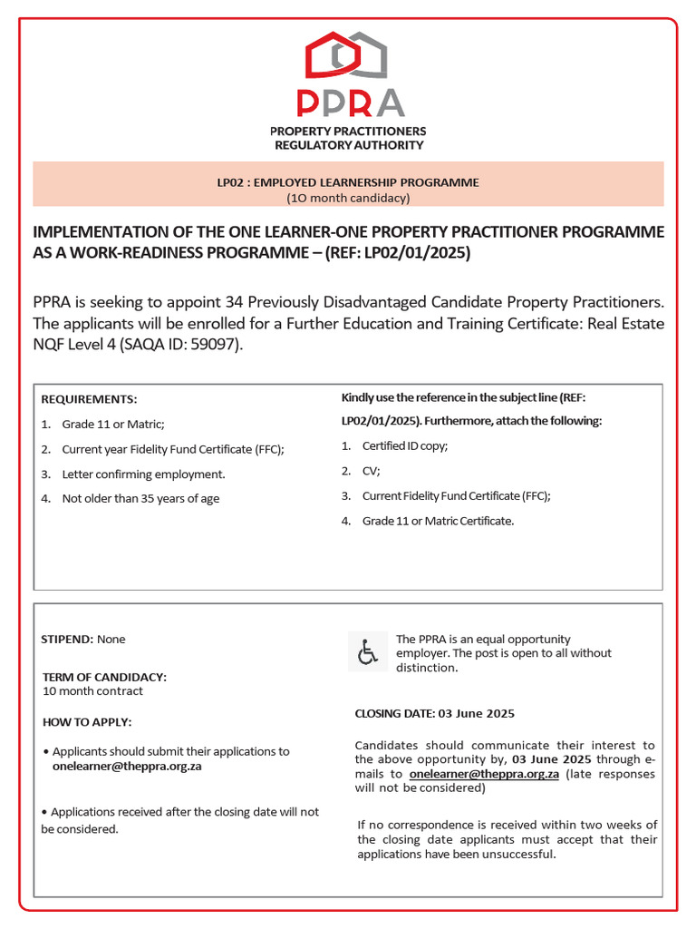 Lp02 Employed Learnership Advert Closing 3 June 2025 | PDF