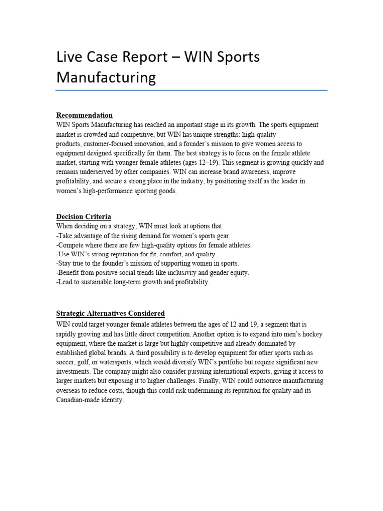 Live Case Report - WIN Sports Manufacturing: Recommendation | PDF ...