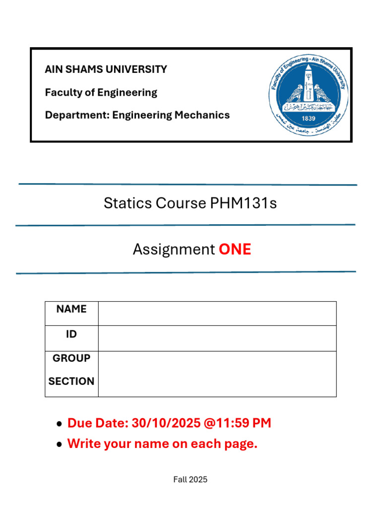 Statics Course PHM131s Assignment Fall 2025 | PDF