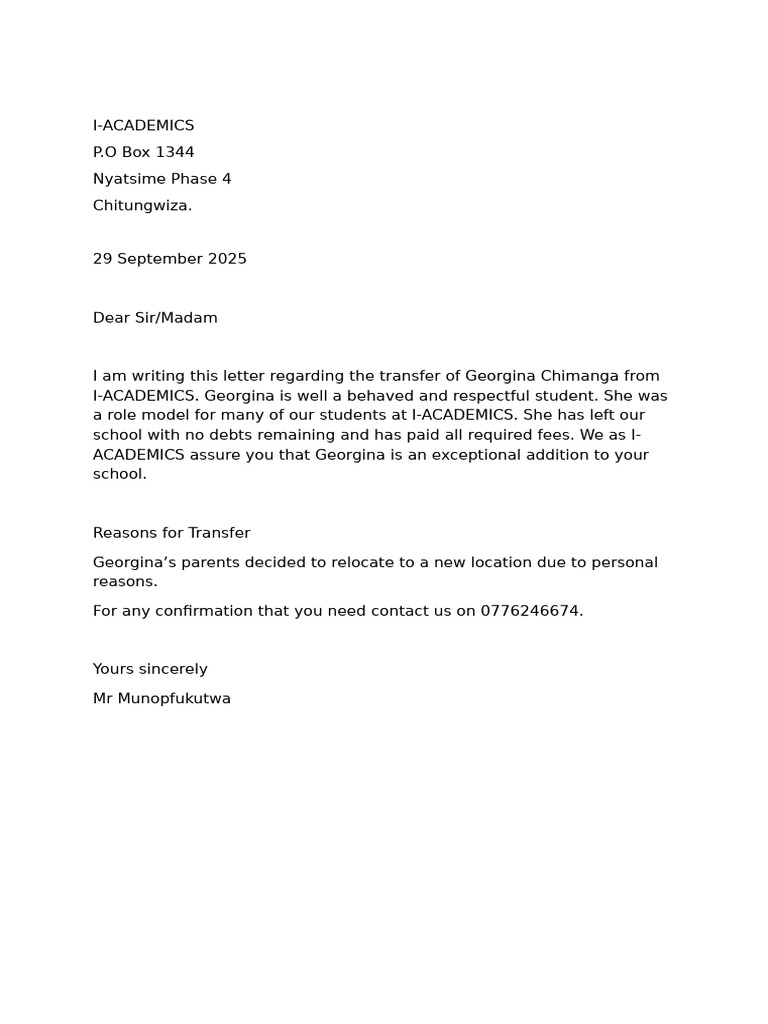 Transfer Recommendation for Georgina Chimanga | PDF