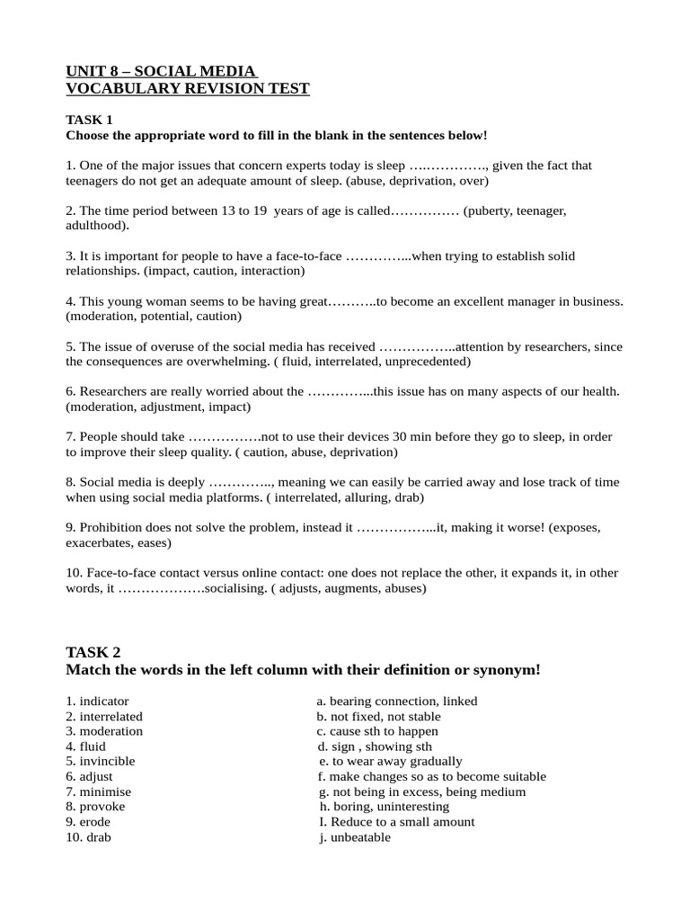 Unit 8 Revision Vocab Test | PDF