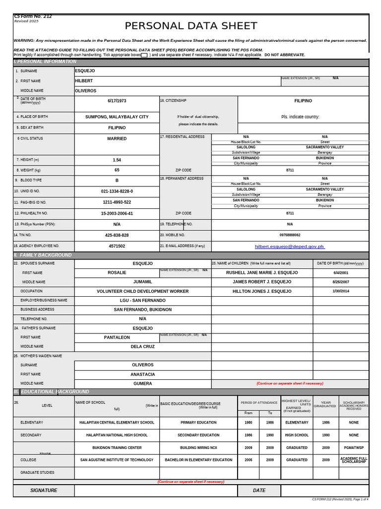 Personal Data Sheet Template | PDF