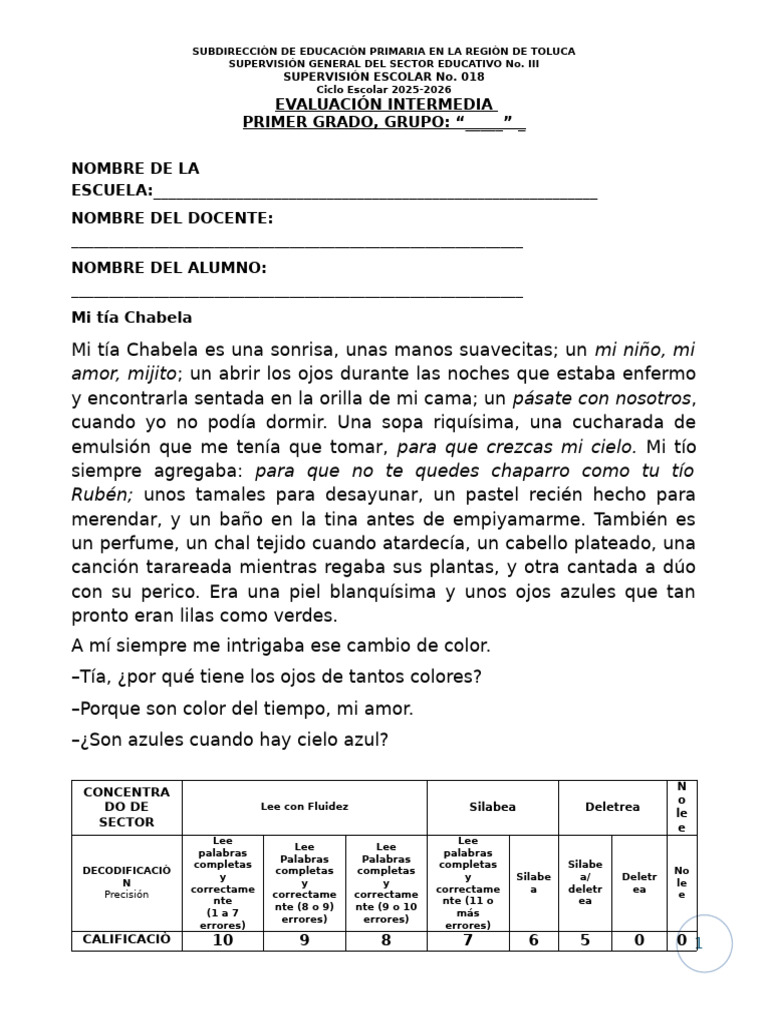 Evaluación de Lectura Primer Grado | PDF | Puntuación | Ortografía