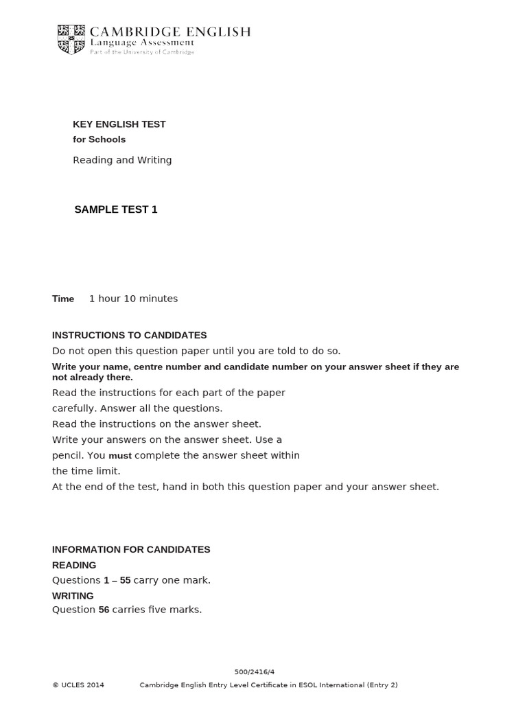 Key English Test Sample for Schools | PDF