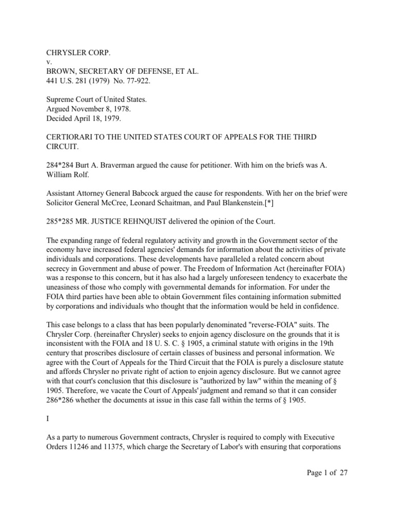 Chrysler Corp. v. Brown: FOIA Case Summary | PDF | Freedom Of ...