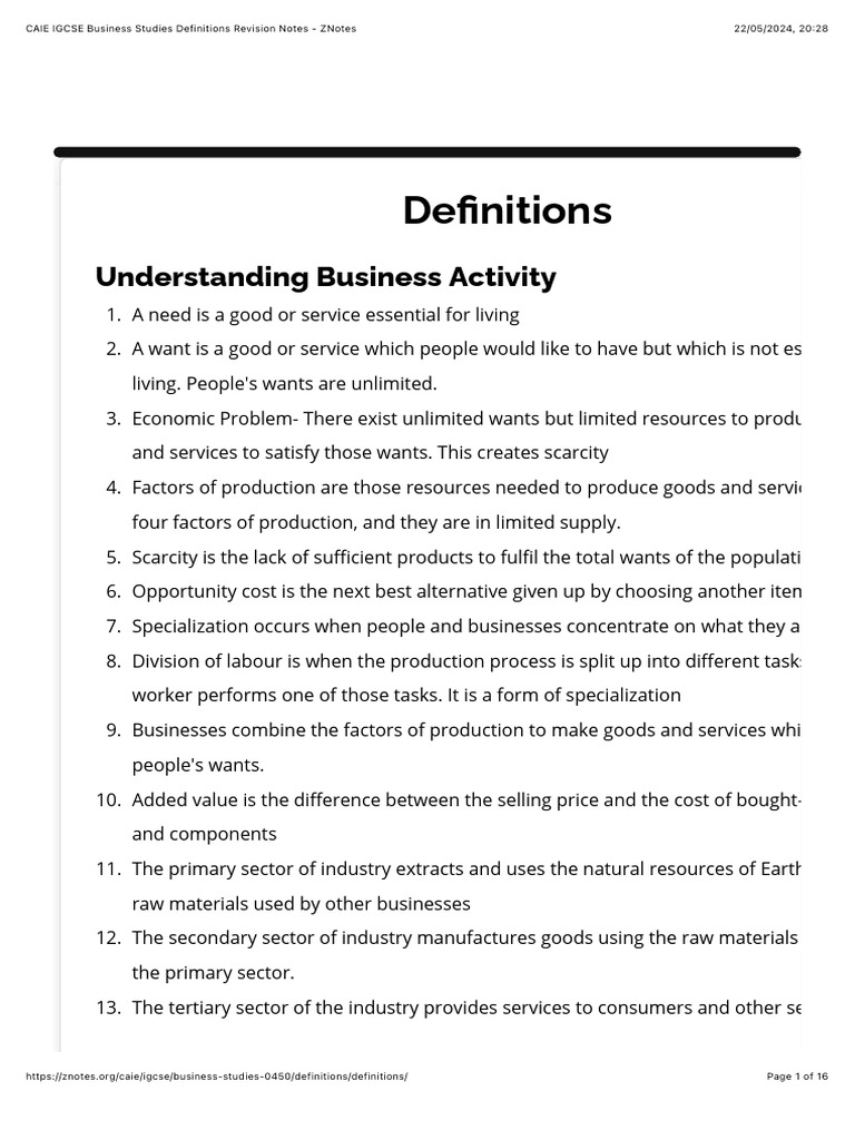 IGCSE Business Studies Key Definitions | PDF | Marketing | Average Cost