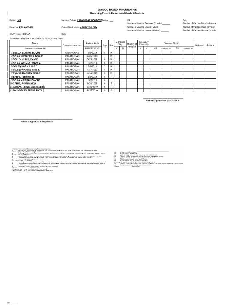 School Immunization Recording Forms | PDF | Health Sciences | Health Policy