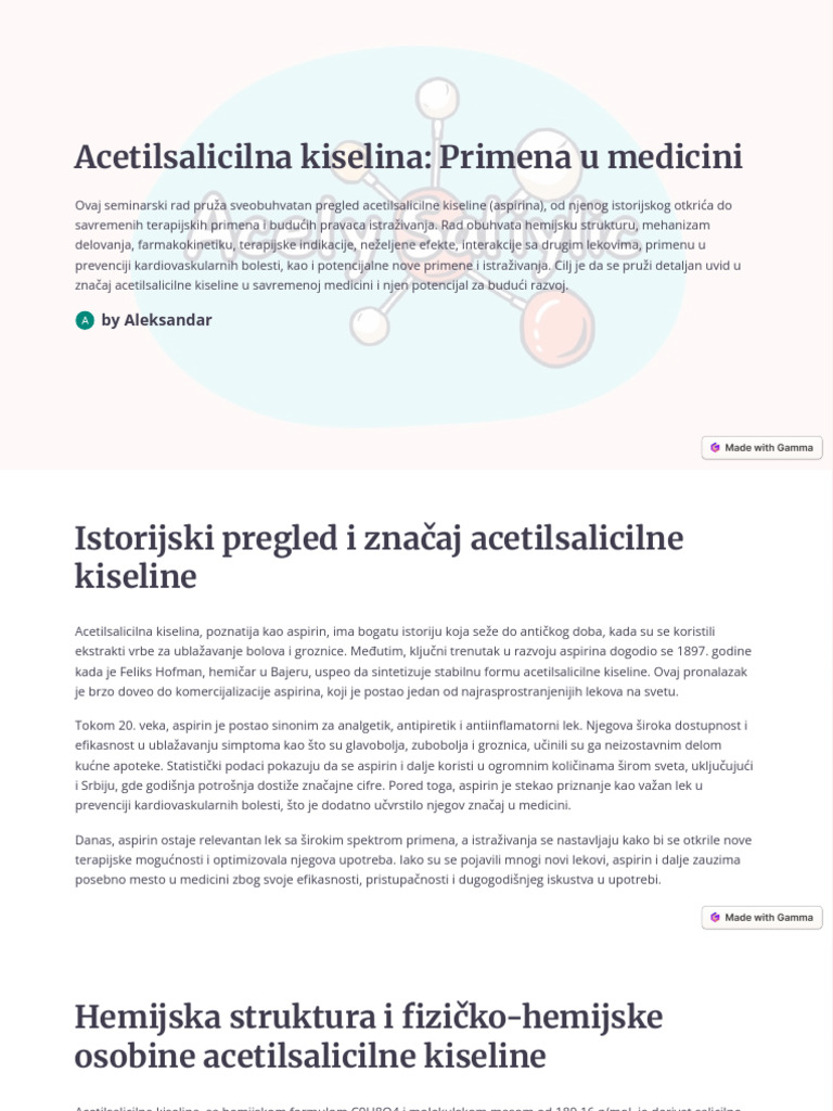 Acetilsalicilna Kiselina: Primena U Medicini: by Aleksandar | PDF