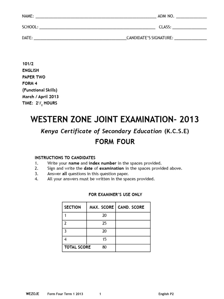 2013 KCSE Western Zone Jiont Examination Eng Pp2 1 | PDF