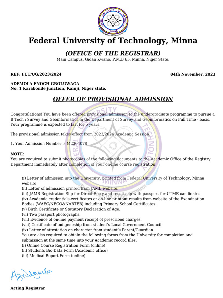 Ademola Enoch Gboluwaga Adm Letter | PDF