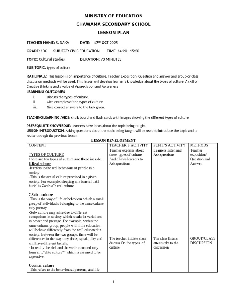 Grade 10 Civic Education Lesson Plan | PDF | Teachers | Learning