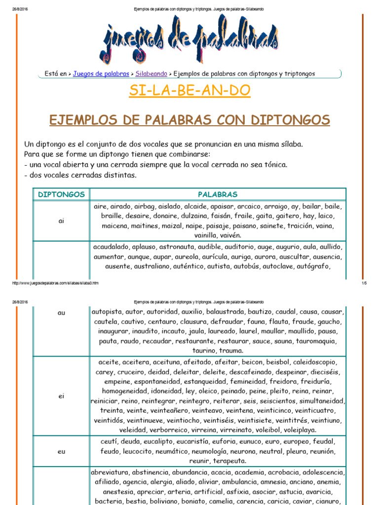 Ejemplos de Palabras Con Diptongos y Triptongos | PDF | Fonética | Voz ...