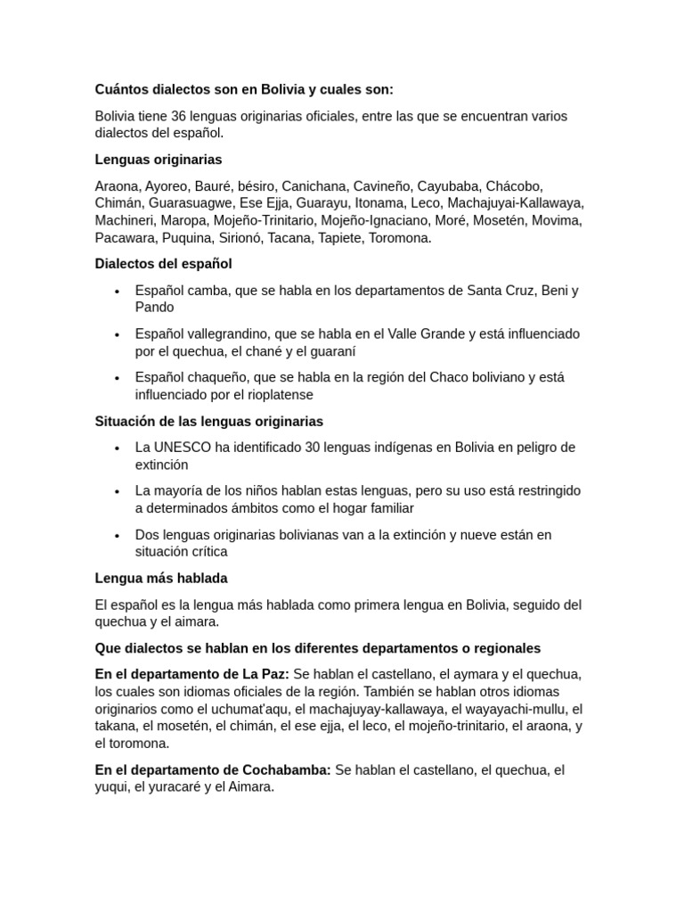 36 lenguas y dialectos en Bolivia | PDF | Bolivia | Familias de idiomas