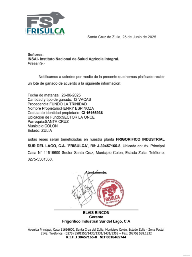 Carta Cupo - Henry Espinoza | PDF