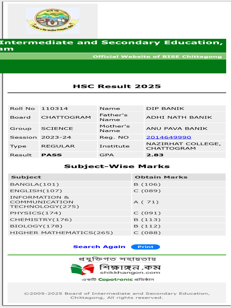 HSC Result BISE Chittagong | PDF