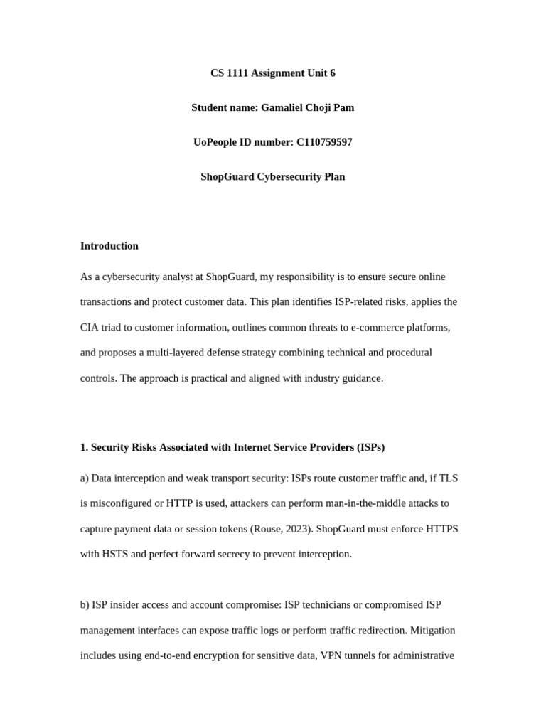CS1111 Unit 6 ShopGuard Cybersecurity Plan | PDF | Security | Computer ...