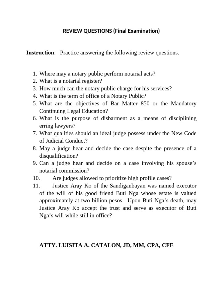 Notary and Judicial Ethics Review Questions | PDF
