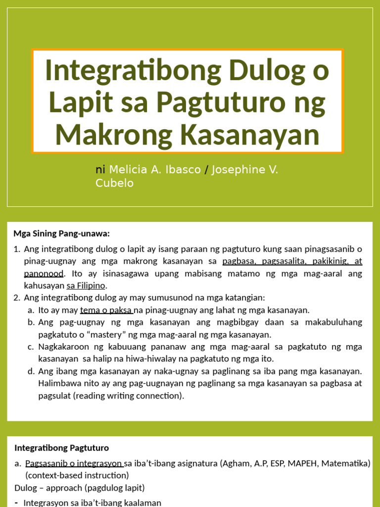 Integratibong Dulog o Lapit Sa Pagtuturo NG Makrong | PDF