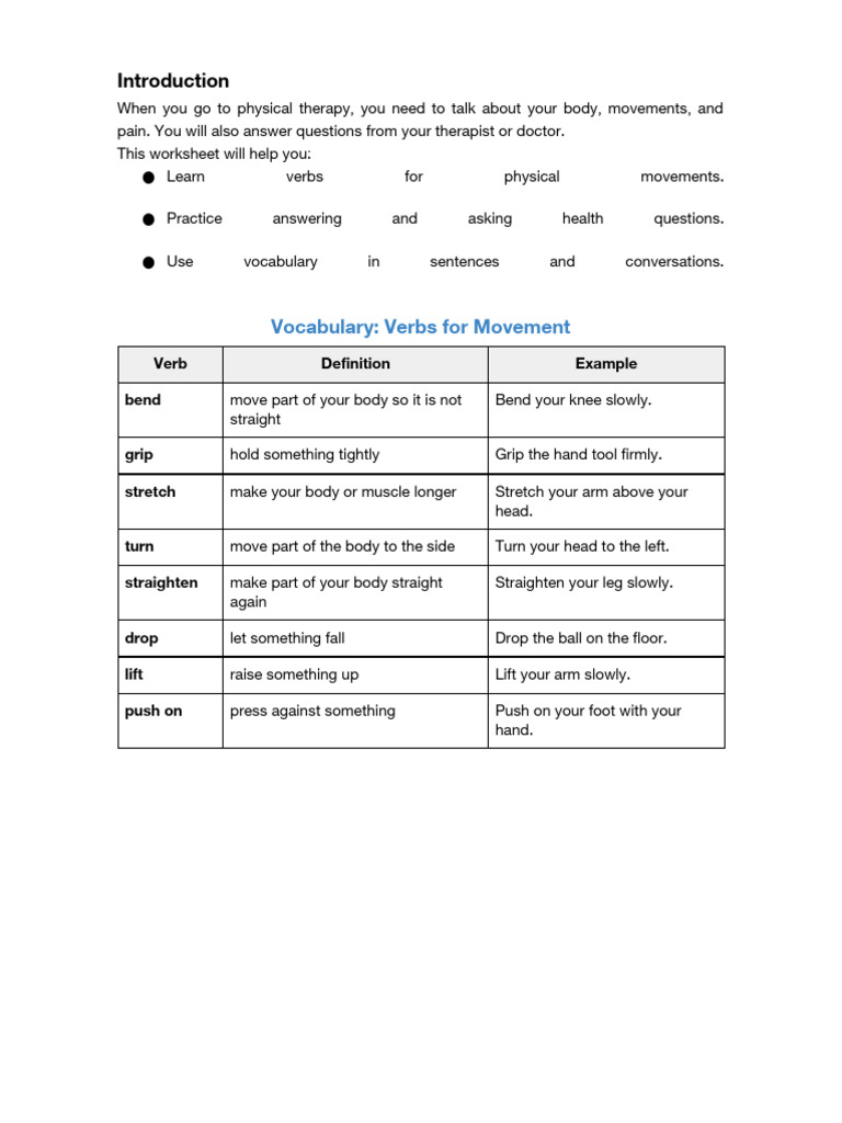 Physical Therapy Vocabulary Worksheet | PDF