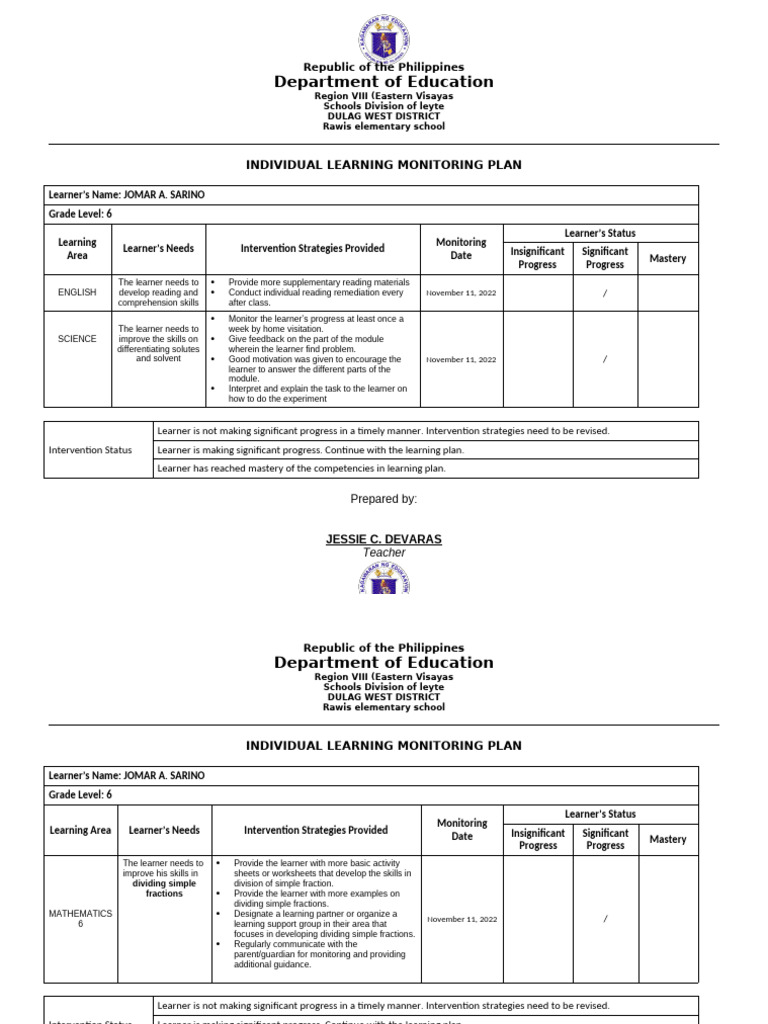 11 Individual Learning Monitoring Plan | PDF | Learning | Reading ...