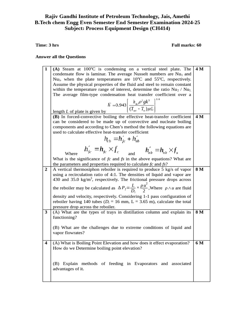 Process Equipment Design Exam CH414 | PDF | Distillation | Heat Transfer