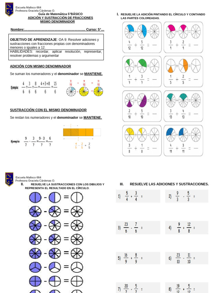 Guía 10 Quinto Suma y Resta de Fracciones - Cristian | PDF