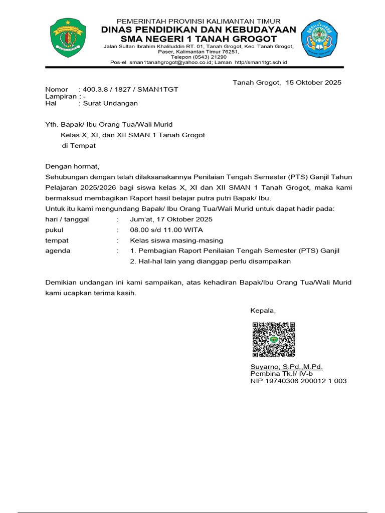 Undangan Pembagian Raport PTS 2025 | PDF