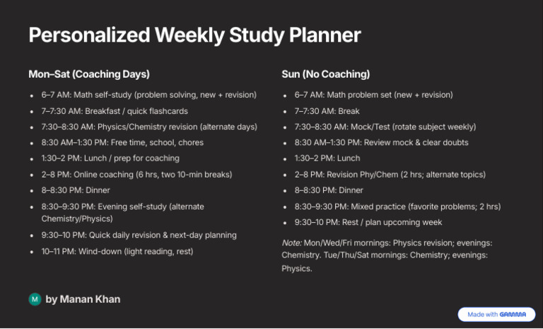 Personalized Weekly Study Planner | PDF