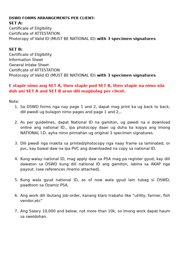 Reminders DSWD Forms Arrangements Per Client Akap | PDF