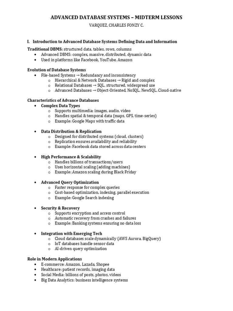 Advanced Database Systems Midterm Lessons | PDF | Relational Database ...