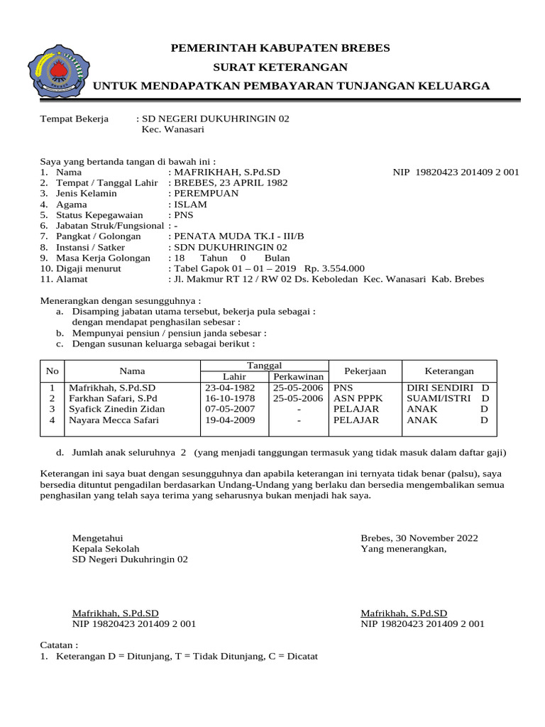 Surat Keterangan Tunjangan Keluarga Brebes | PDF