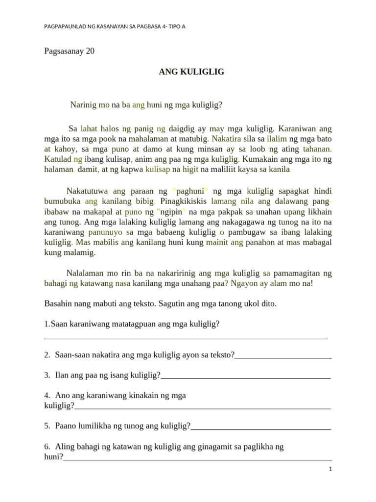 DRP 4 Pagsasanay 20 Ang Kuliglig | PDF