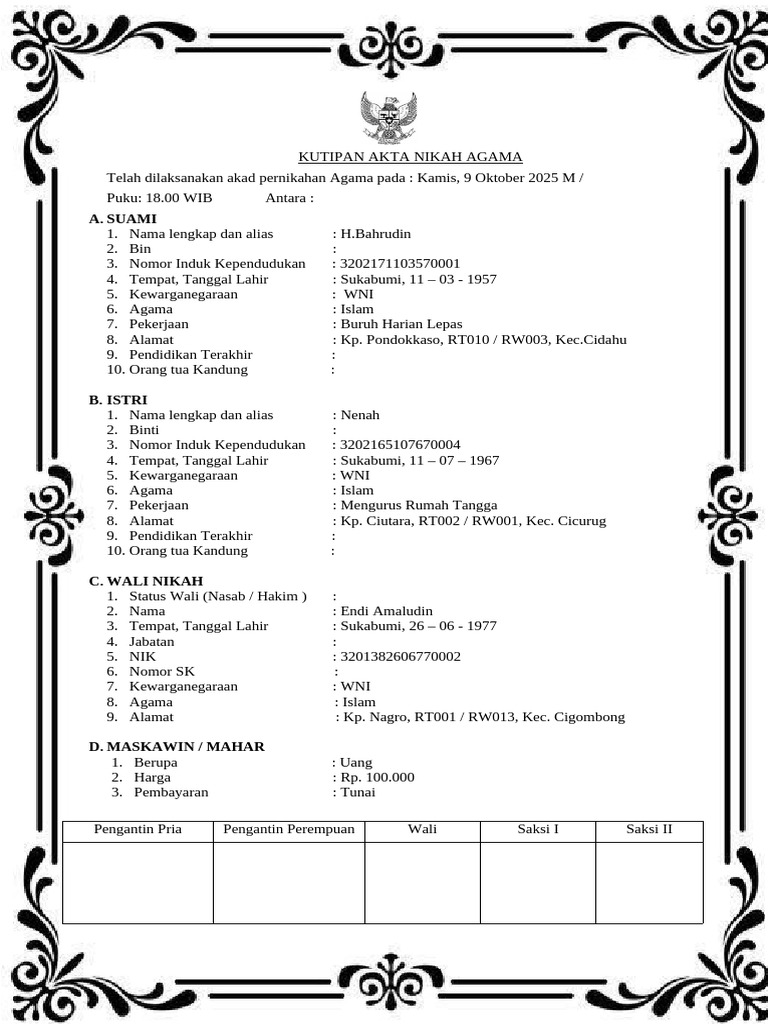 Akta Nikah Agama H. Bahrudin dan Nenah | PDF