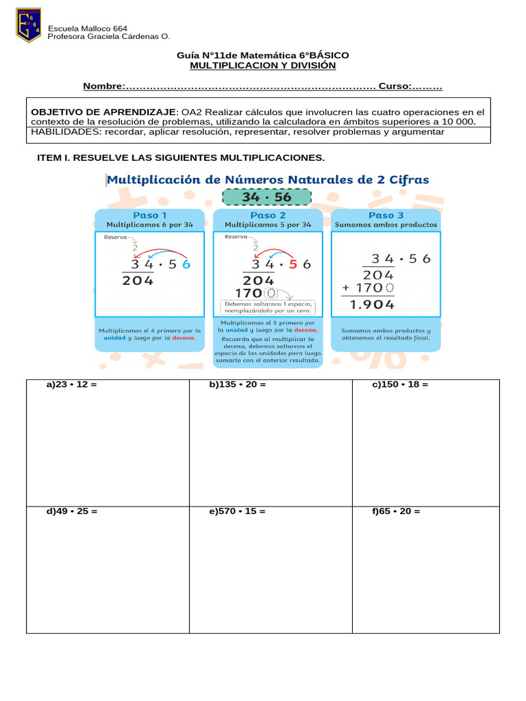 Guía de Multiplicación y División 6° Básico | PDF