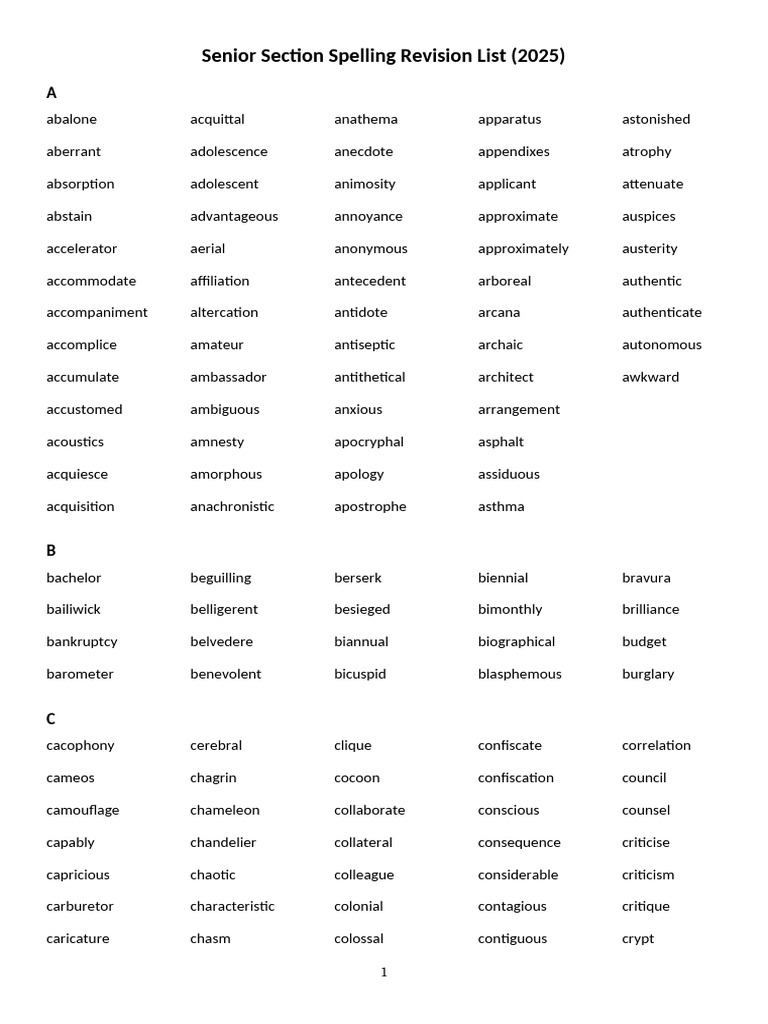 2025 Senior Spelling Revision List | PDF
