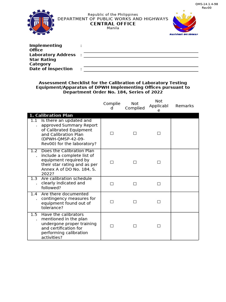 Calibration Checklist for DPWH Labs | PDF | Calibration | Weighing Scale