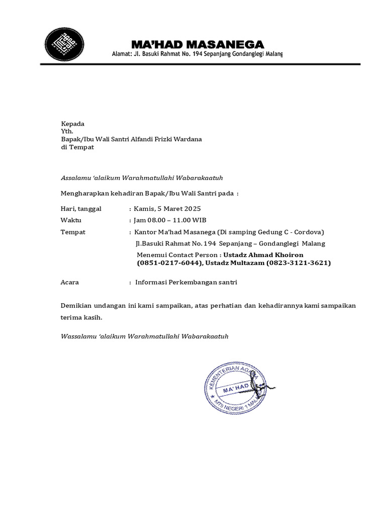 280 - Surat Panggilan Wali Santri - Alfandi Frizki Wardana | PDF
