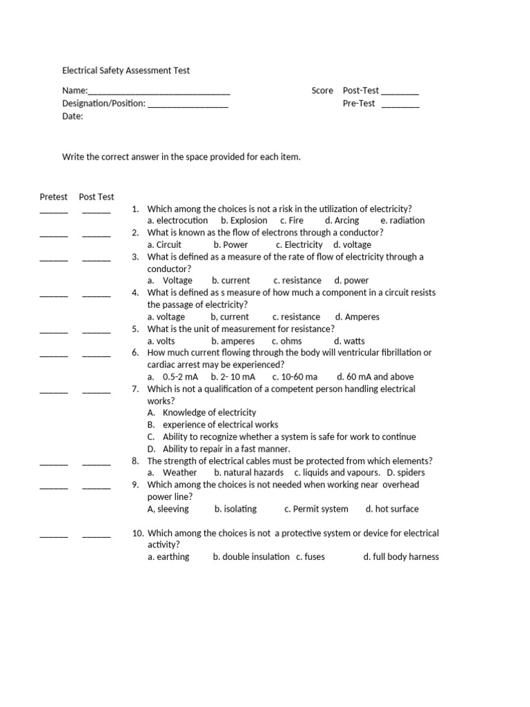 Electrical Safety Assessment Test | PDF | Electricity | Electric Power