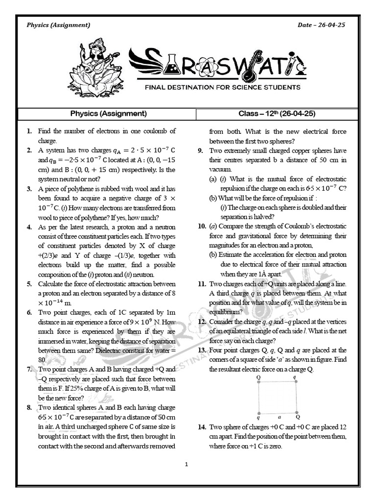 Physics Assignment (26!04!2025) | PDF | Electric Charge | Electron