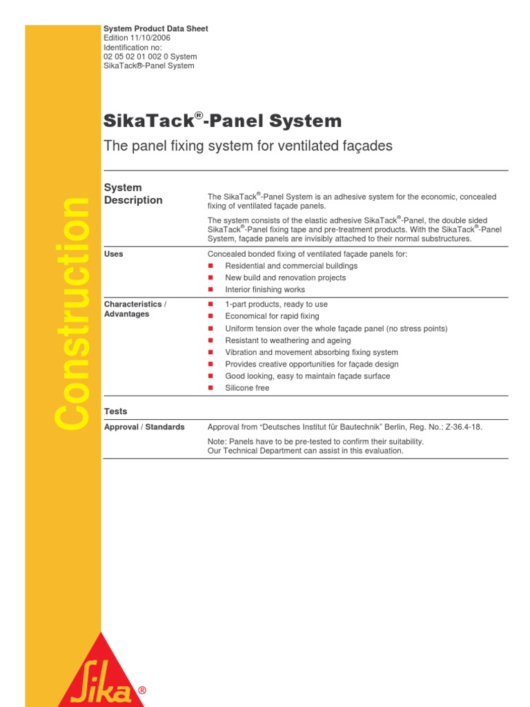 SikaTack Panel System - Datasheet | PDF | Adhesive | Strength Of Materials