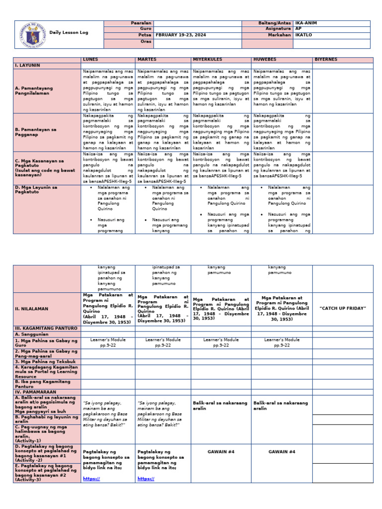 Gr.6 DLL AP WK 4 Qtr.3 | PDF