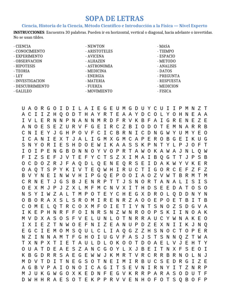 Sopa de Letras Ciencia Experto 30x30 | PDF | Física | Método científico