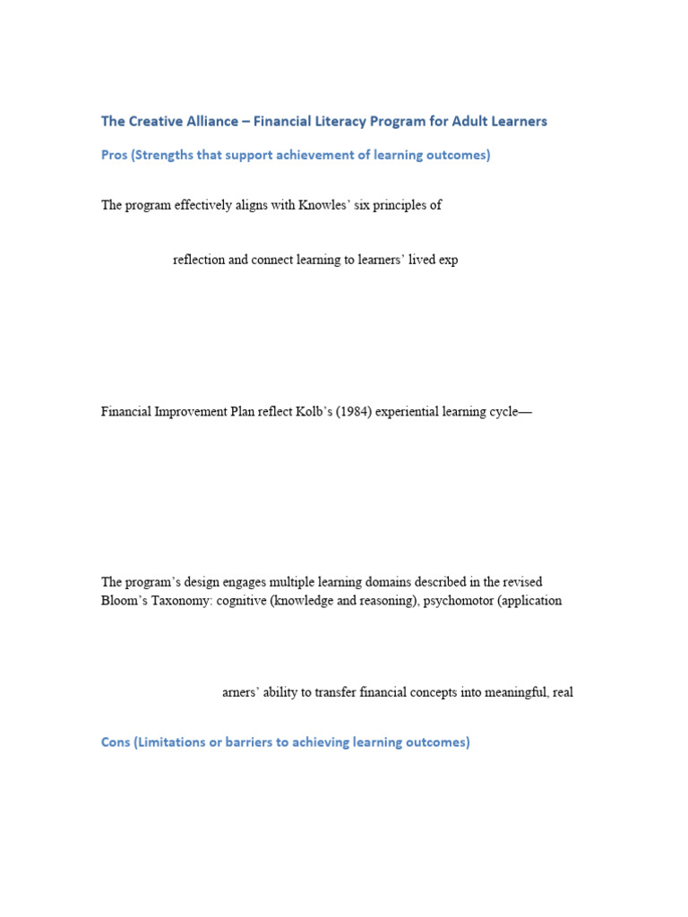 Financial Literacy Program Pros and Cons | PDF | Learning | Adult Education